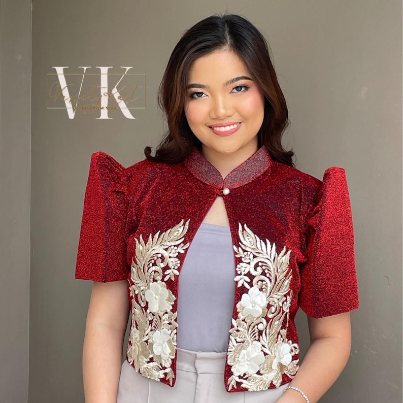 Deep Red Maroon Candycrash Filipiniana Bolero Chinese Collar With Lace ...