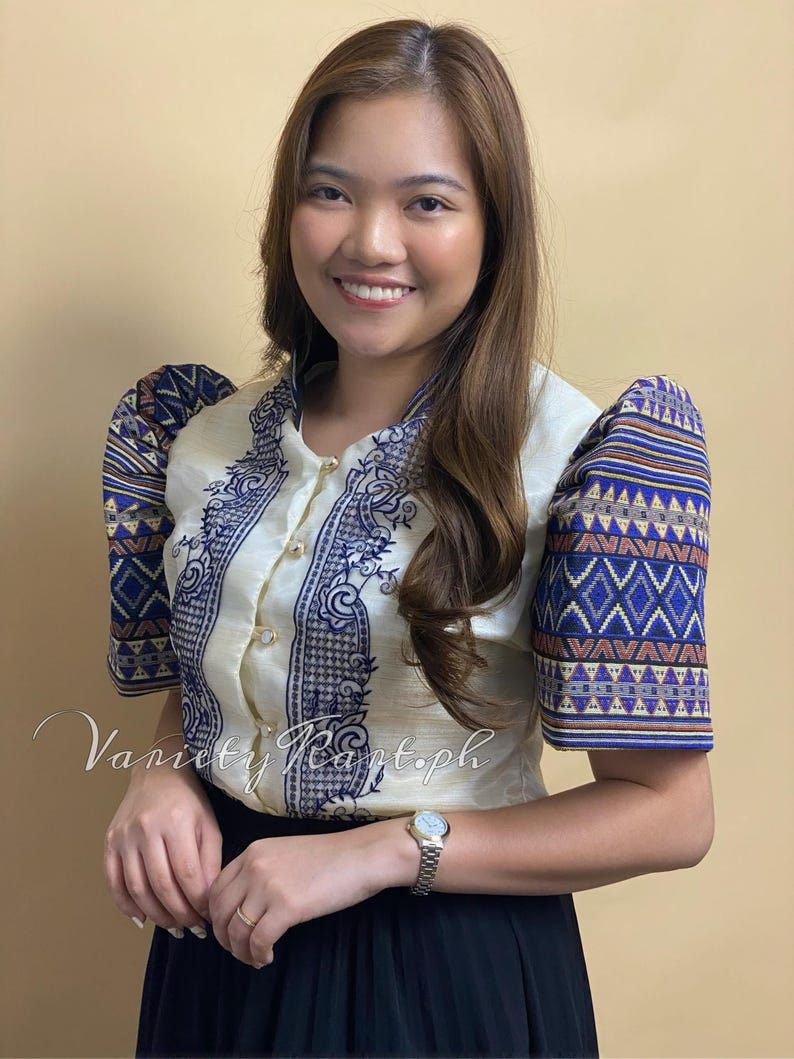 Premium Ladies Barong Modern Filipiniana Top Machine Embroidered Blue ...