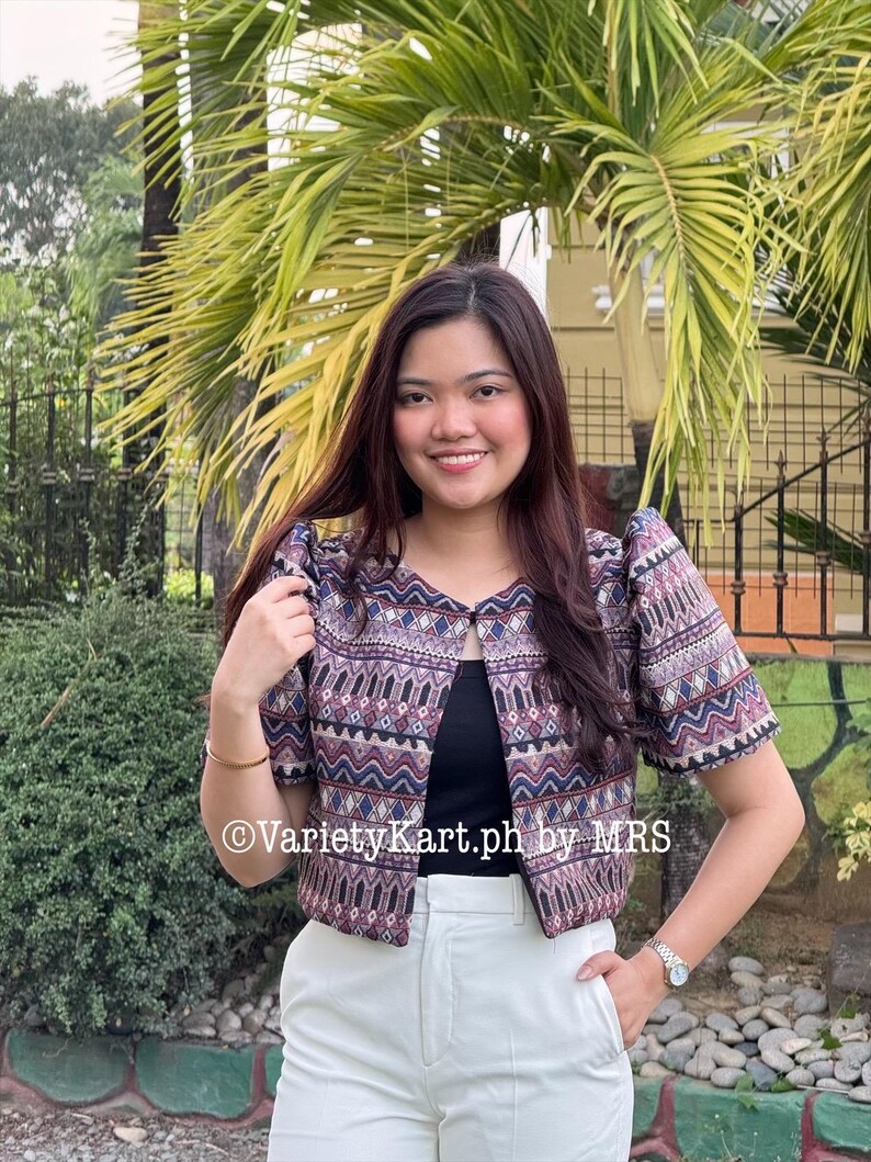 Modern Ethnic Filipiniana Bolero Blazer Diamond Wave Pattern in Blue ...