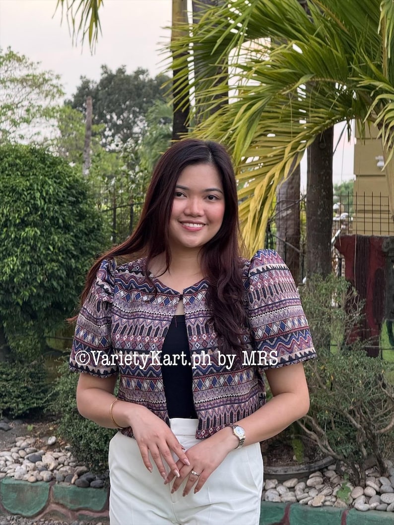 Modern Ethnic Filipiniana Bolero Blazer Diamond Wave Pattern in Blue ...