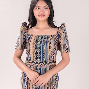 Inabel Filipiniana Serpentina Gown Dress Geometric Pattern in Yellow ...