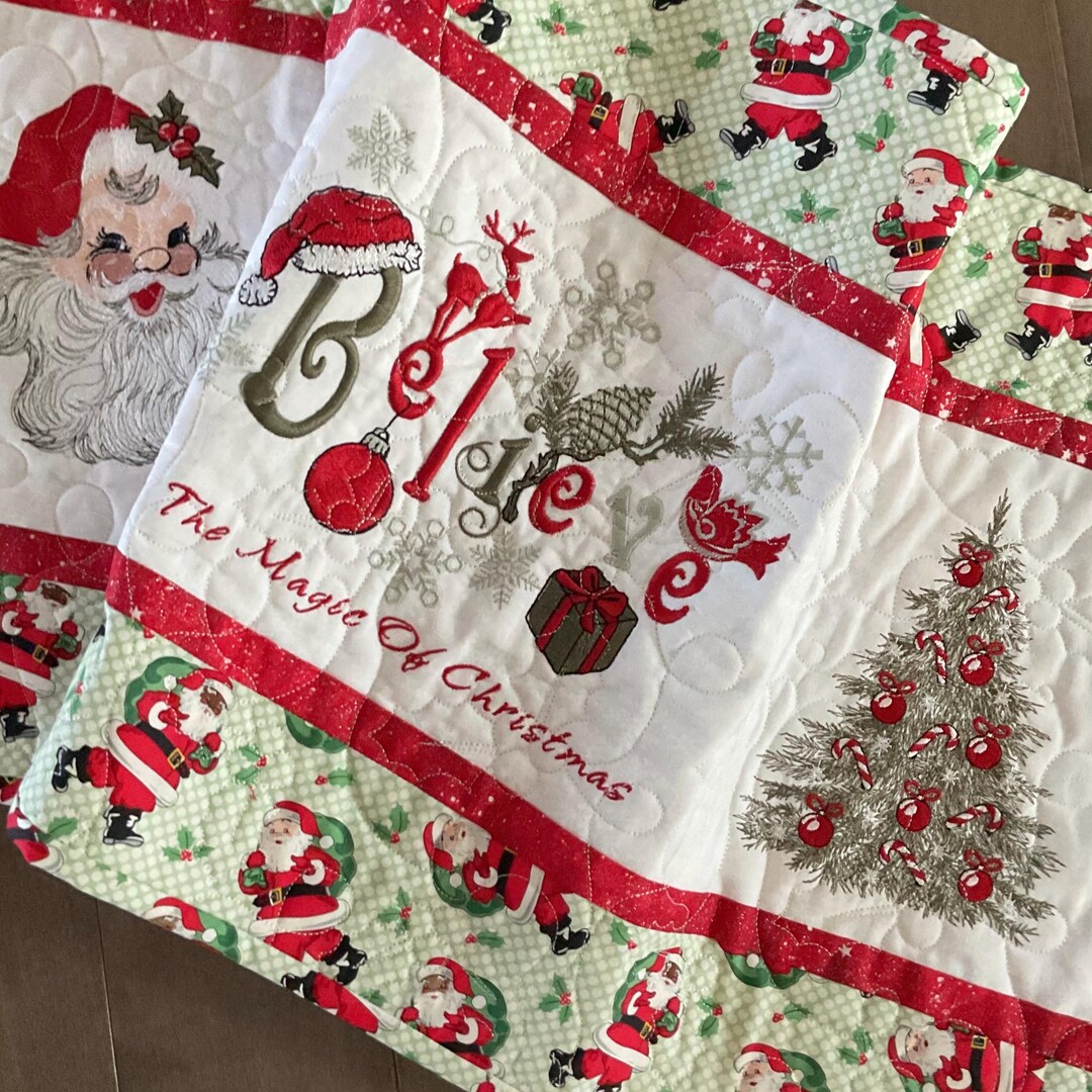 Christmas Santa Table Quilt, Believe Quilted Table Runenners, Winter ...