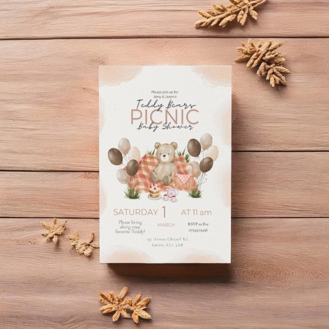 Teddy Bears Picnic Baby Shower Invitation - Canva Digital Template - Etsy