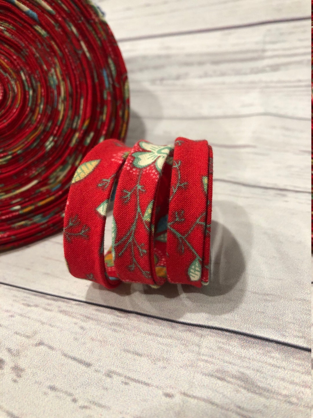 Bias Tape - 1/2 Inch - Double Fold - Red Floral Print - Homemade - 100% ...