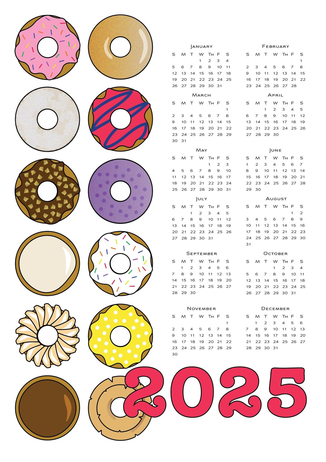 2025 Dozen Wall Calendar Calendar Donut Doughnuts Wall Calendar - Etsy