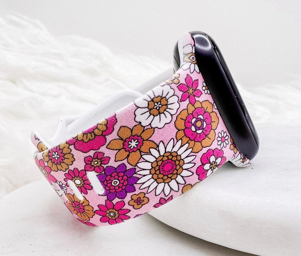 Pink Retro Flowers Watch Band Compatible With Apple Watch Fitbit ...