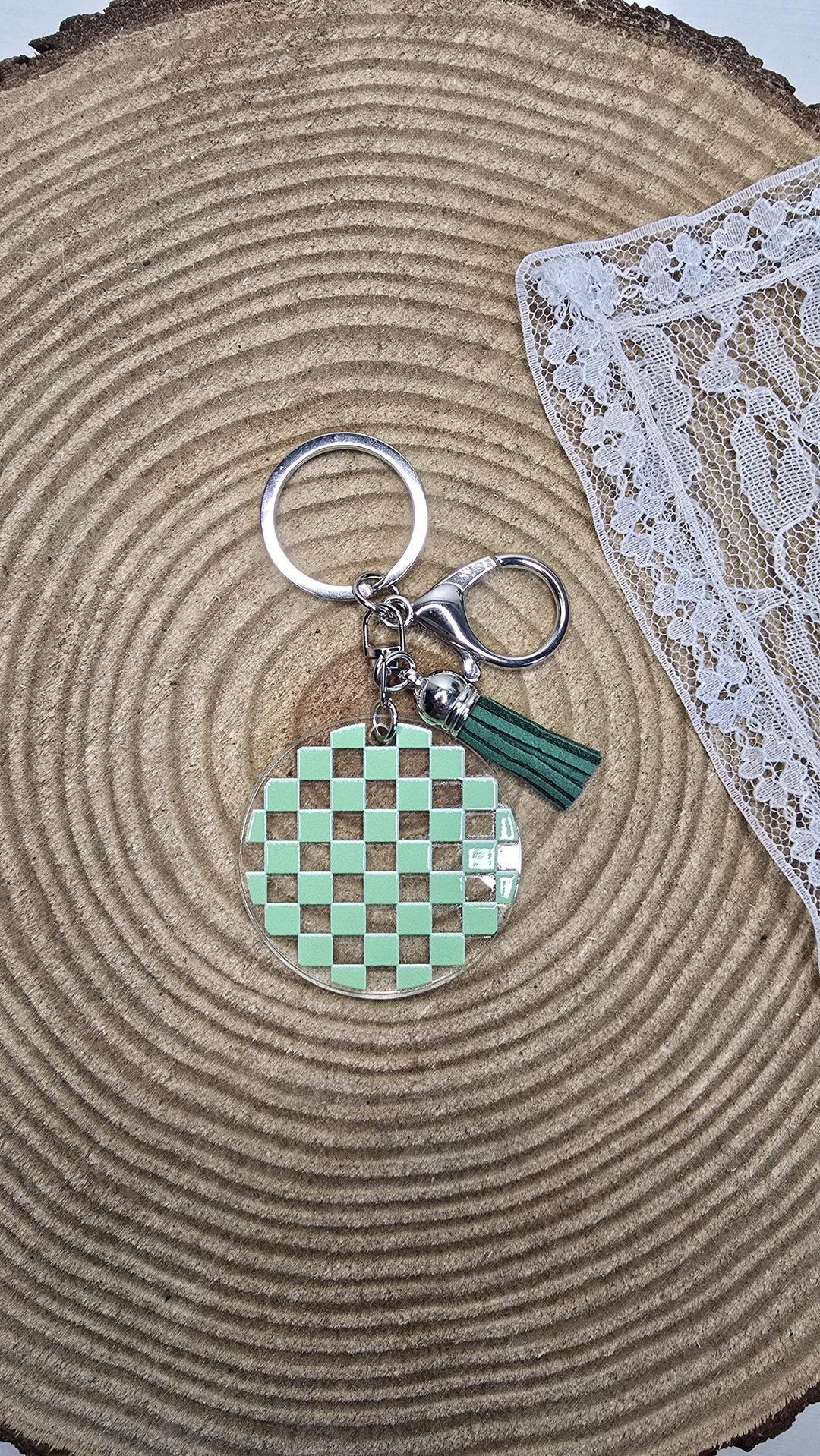 Personalized 2in Acrylic Keychain, Green Checkered– Custom Name Circle ...
