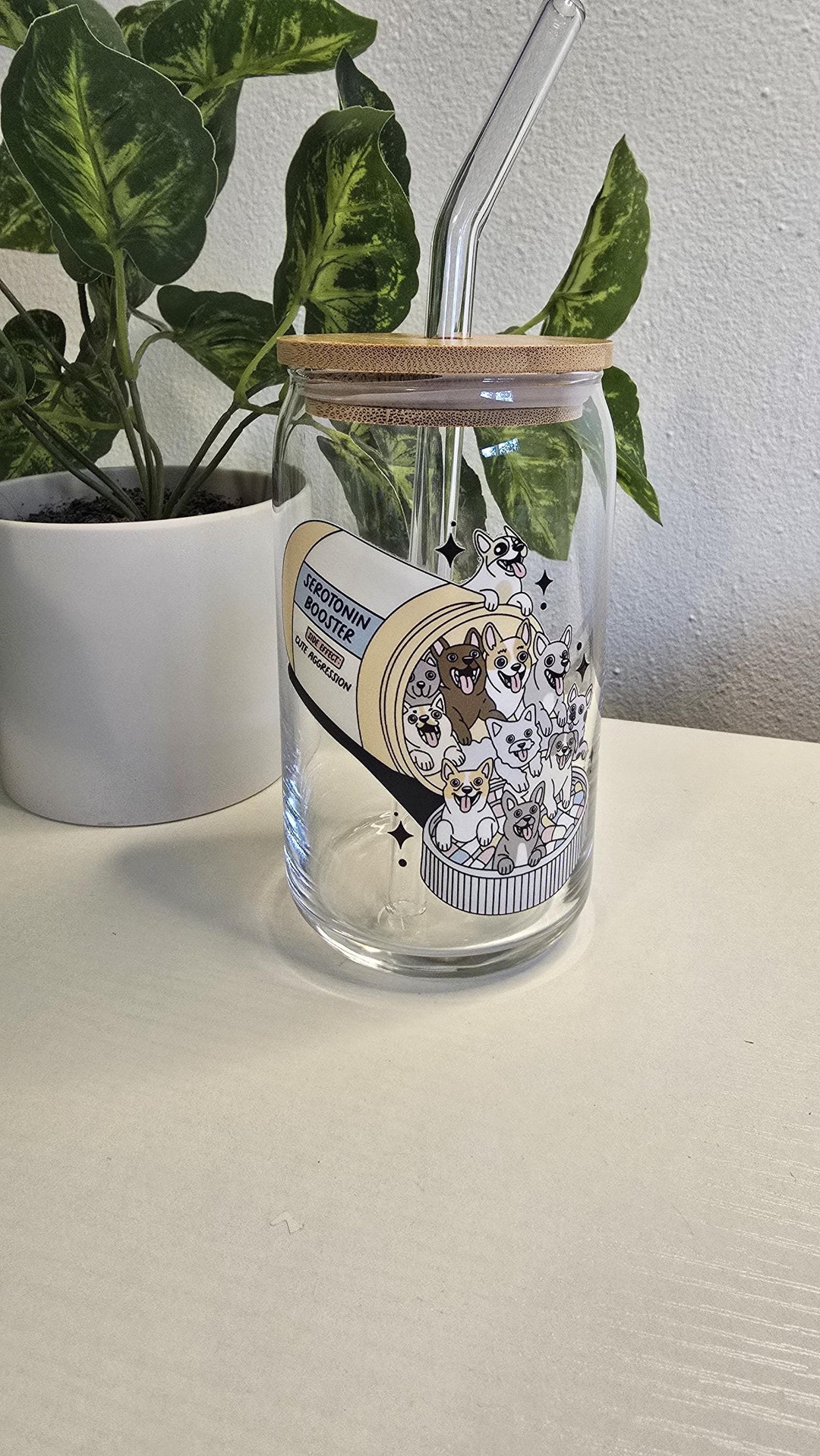 Dog Serotonin Booster Glass Cup, 16oz Tumbler, Bamboo Lid, Glass Straw ...