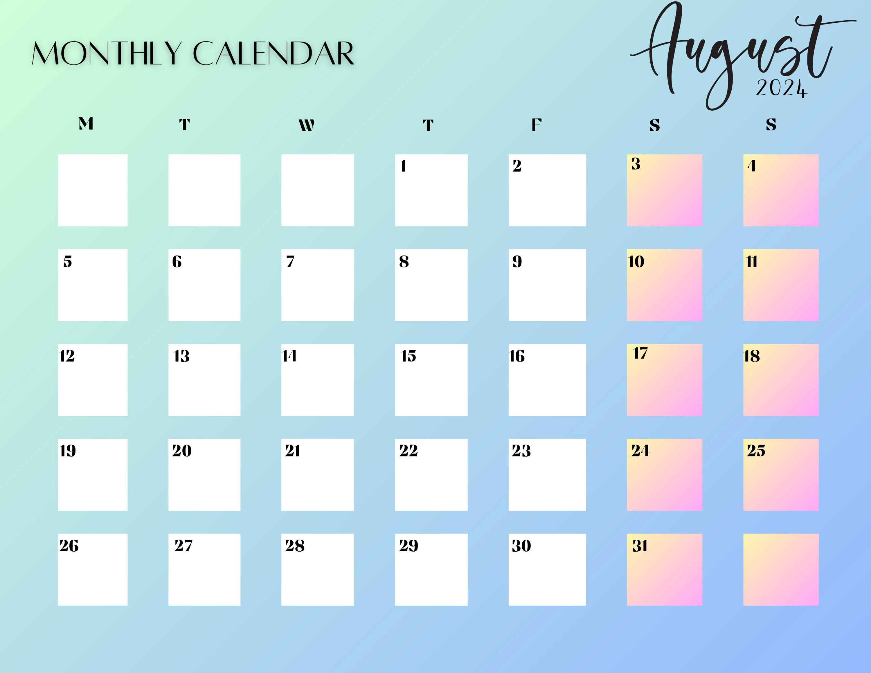 Printable Calendar 2024 Monthly Calendar Printable PDF - Etsy