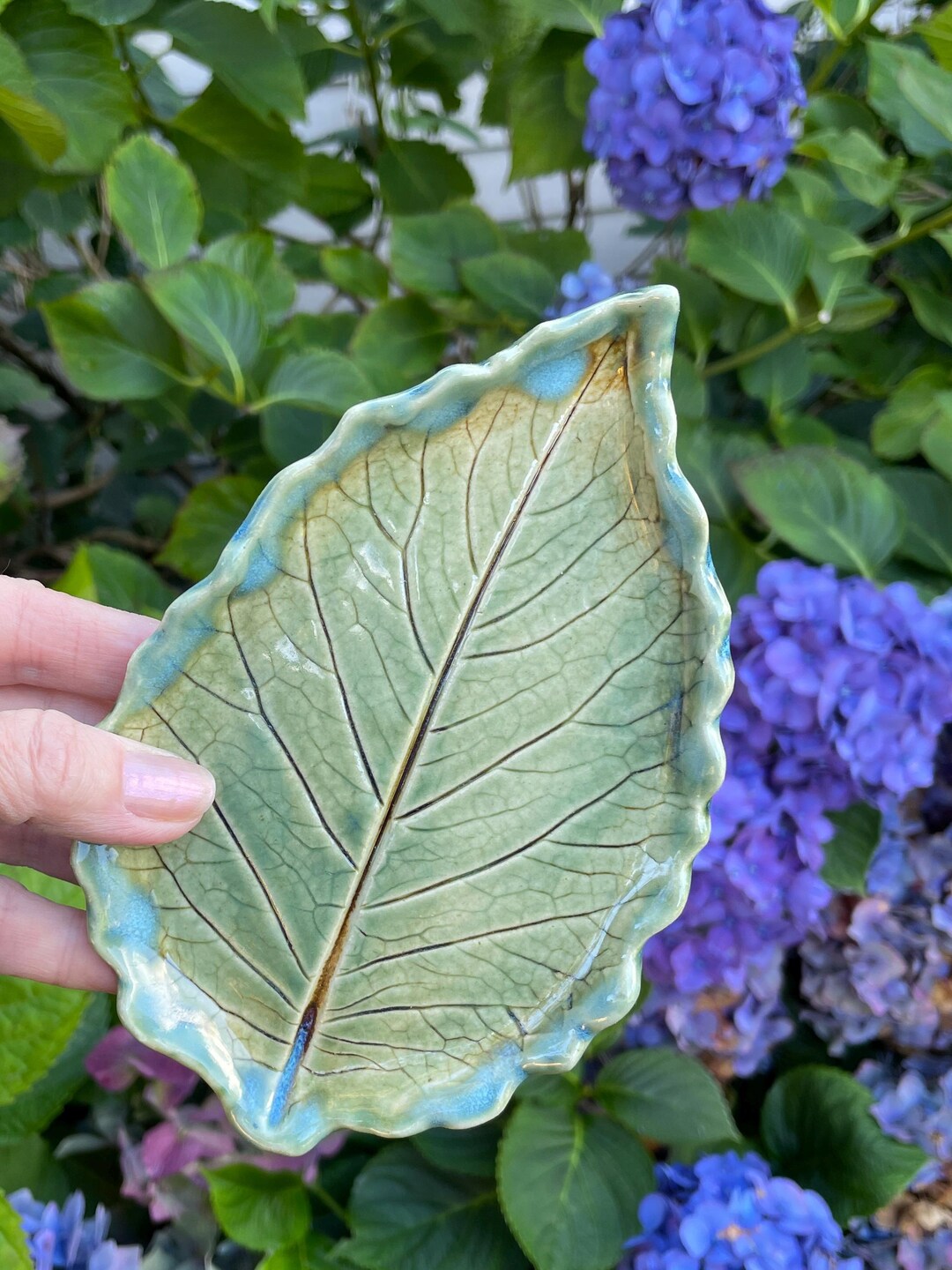 Large Dahlia Leaf Spoon Rest, Ceramic Leaf Dish, Green, Aqua-blue ...