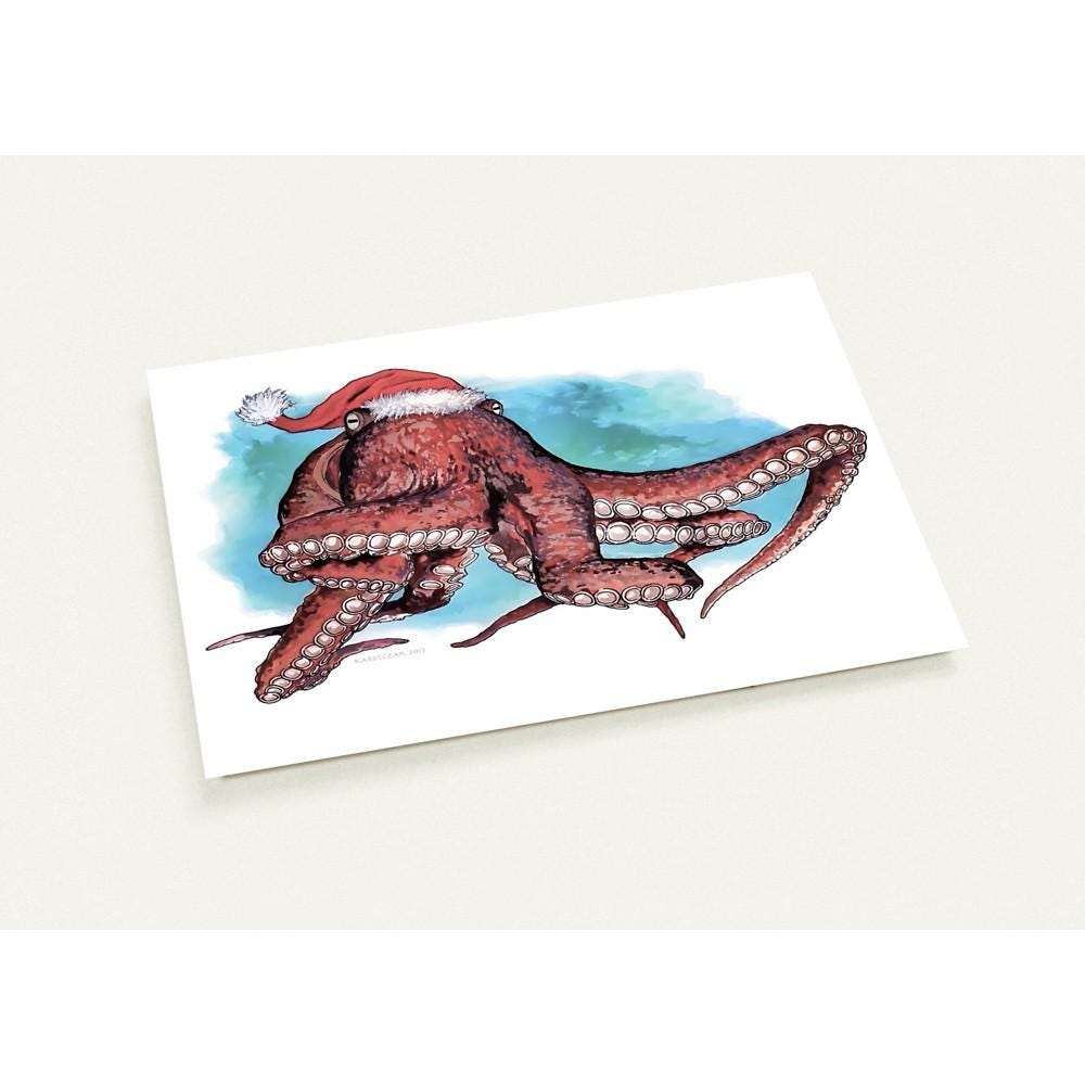 Santa Octopus Christmas Cards | Set of 10 Hand-drawn Cards | Holiday ...
