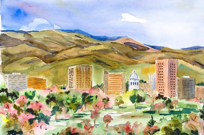 Downtown Boise, Idaho Spring Skyline Watercolor Print - Etsy