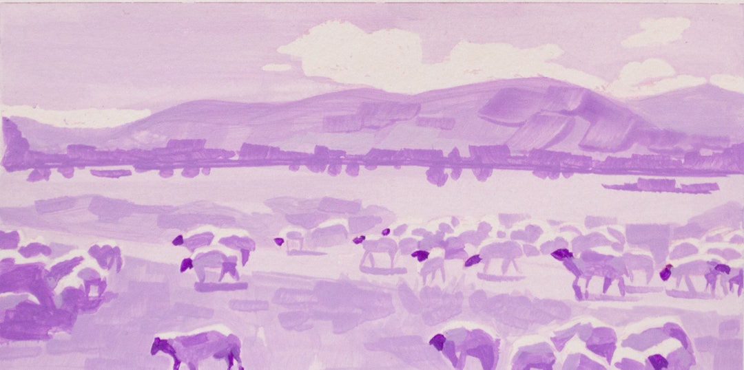 Tiny Purple Landscape Painting With Sheep, Rural Landscape Art, Gouache ...