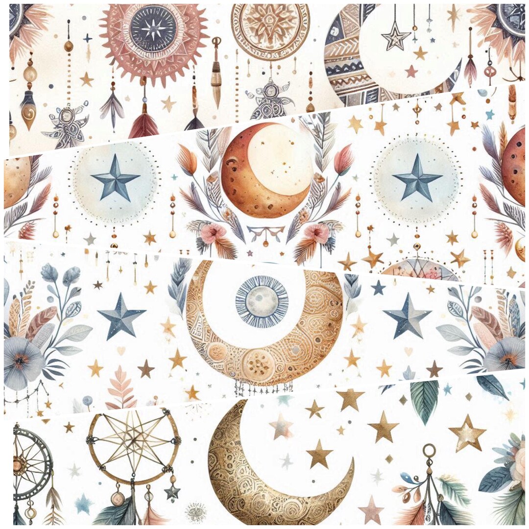 Digital Paper Boho Moon and Stars 4 Pack Different Designs Watercolour ...