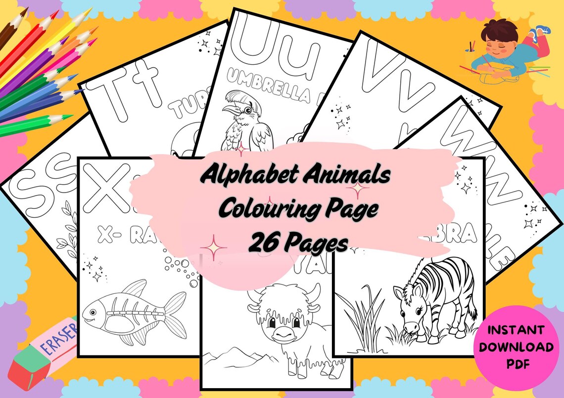 Alphabet Animal Colouring Pages,26 Printable Colouring Pages, Instant ...