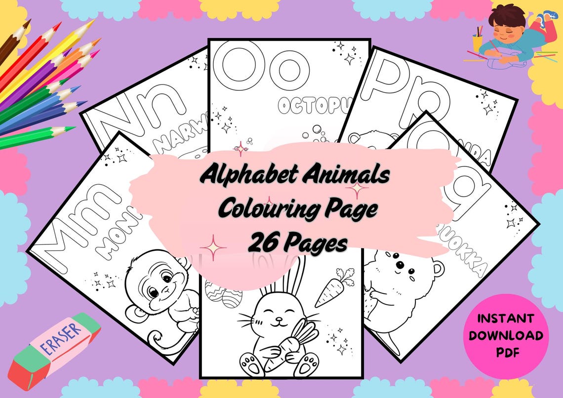 Alphabet Animal Colouring Pages,26 Printable Colouring Pages, Instant ...