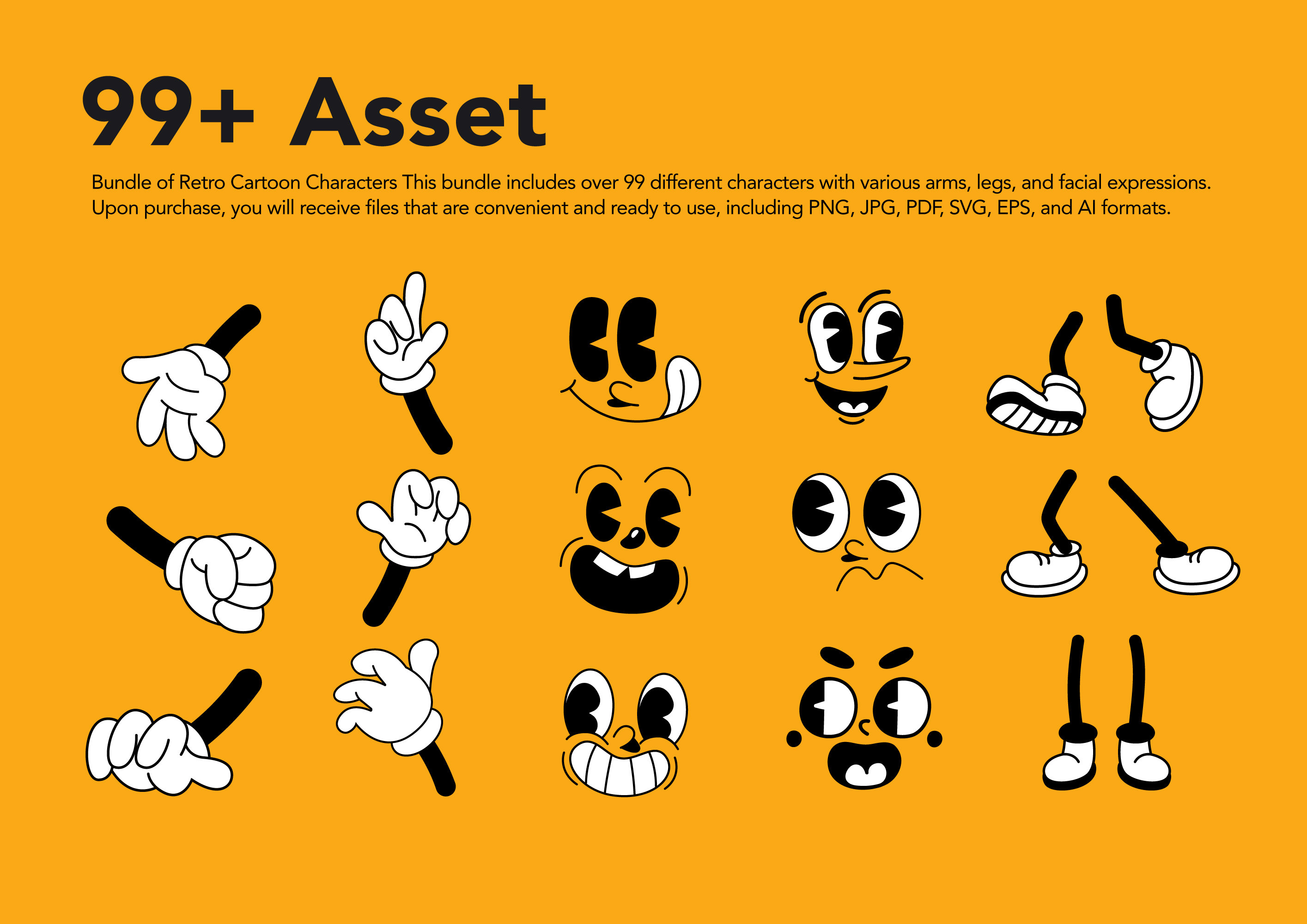 Vector Illustrations Body Set Retro Cartoon Vector Hands | PNG Design ...