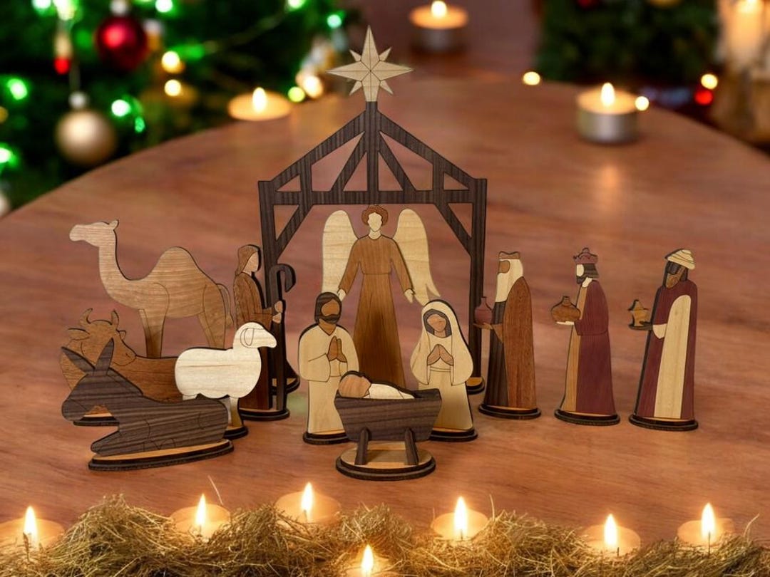 Nativity Set - Handcrafted 3D Scene - 16" Tall Heirloom Quality Made From Cedar, Maple, Walnut ...