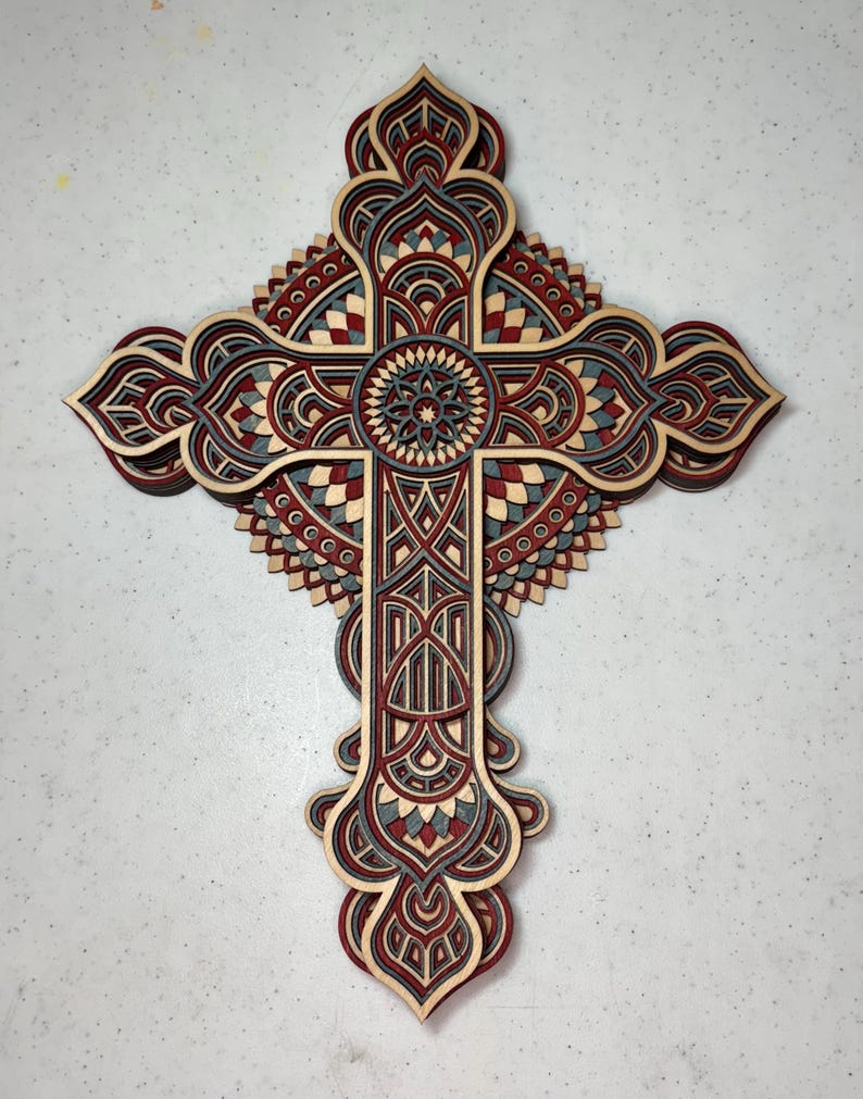 3D Layered Mandala Cross - 7 Layered Wood Art Decor | Hand Painted and ...