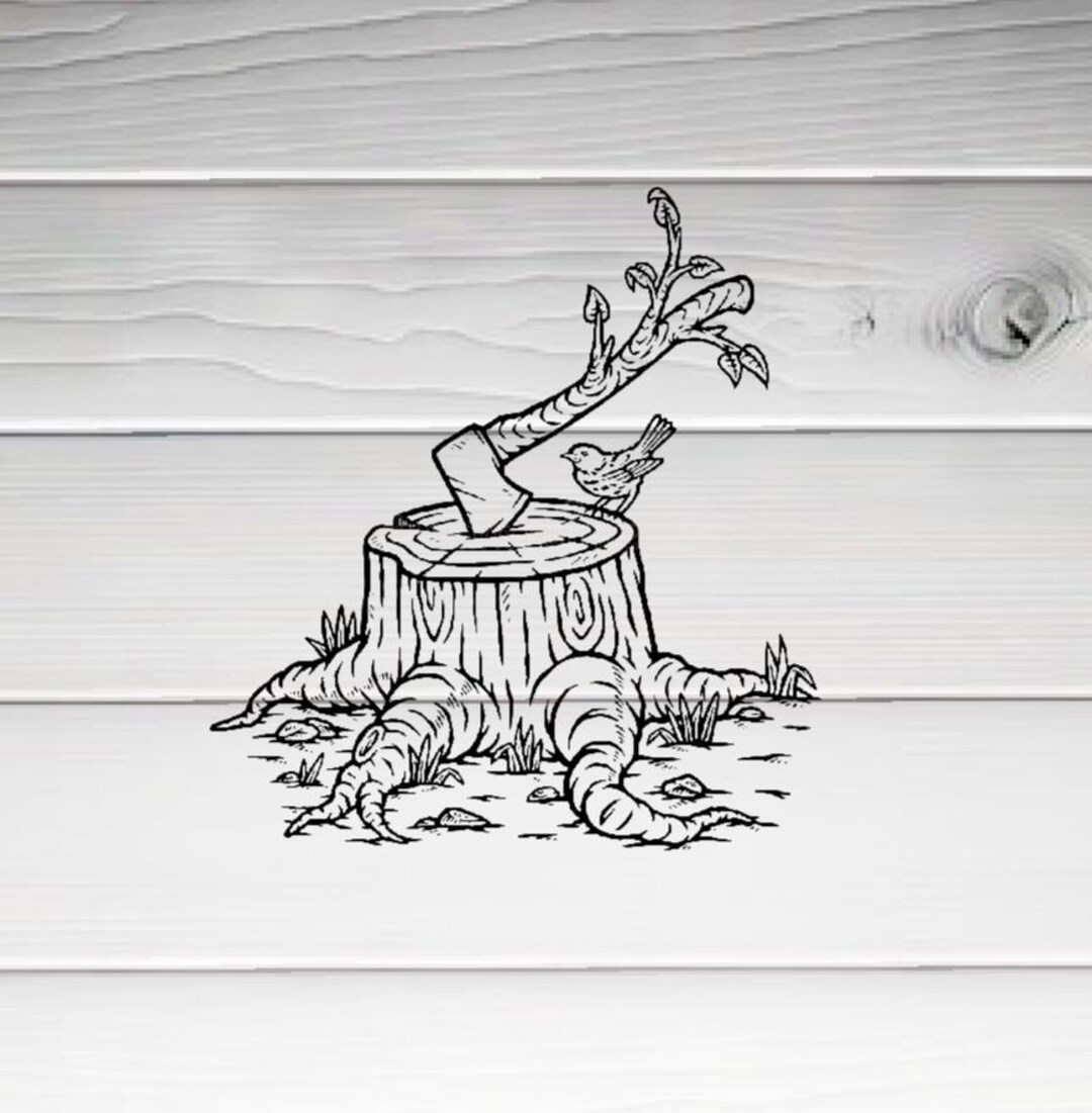 Tree Stump With Axe, and Bird Vinyl Decal – Rustic Nature-inspired ...