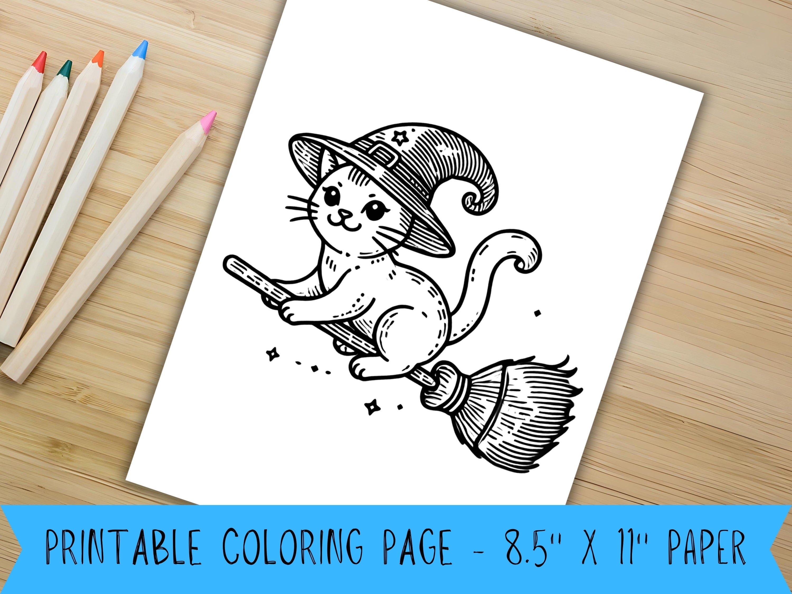 Halloween Witch Cat Coloring Page Printable for Kids and Adults Spooky ...