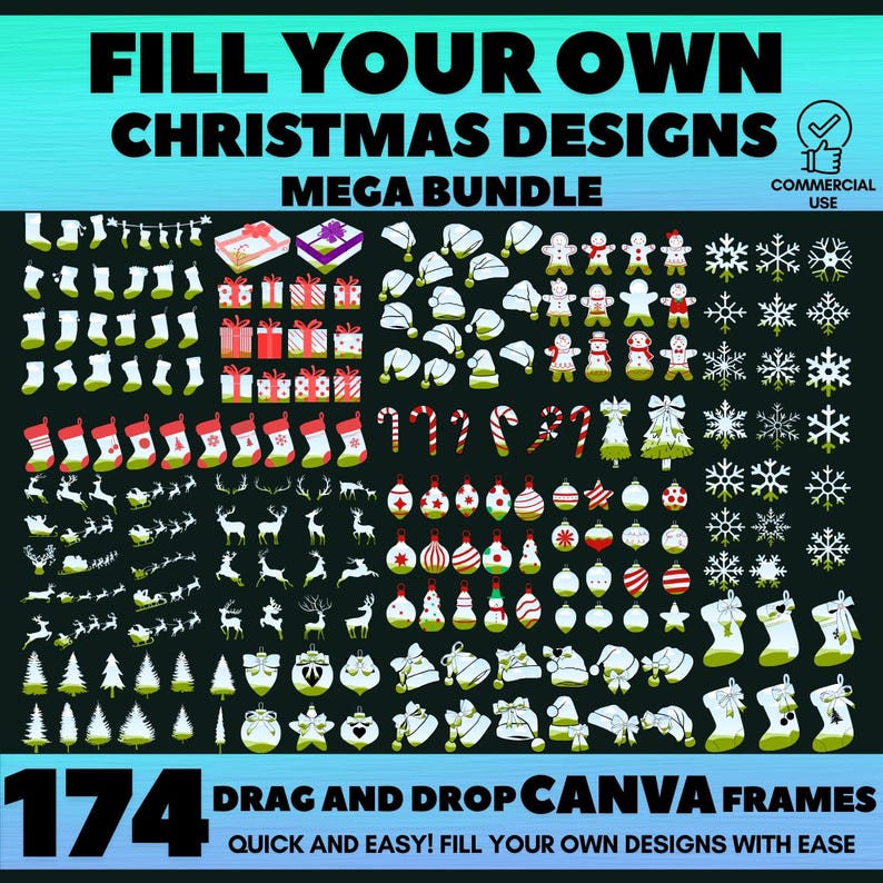 Christmas Canva Frame Mega Bundle Template, 174 Drag and Drop Frames ...