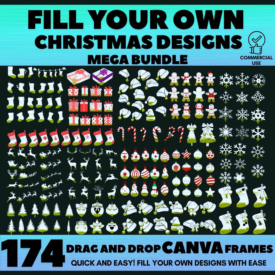 Christmas Canva Frame Mega Bundle Template, 174 Drag and Drop Frames ...
