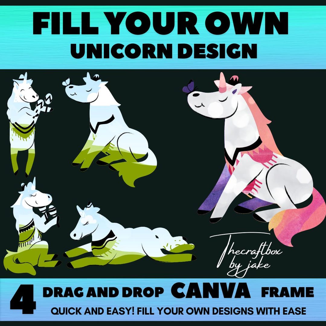 Unicorn Canva Frames Bundle, 4 Drag & Drop Frames, Make Your Own PNG Files, Unicorn Clipart ...