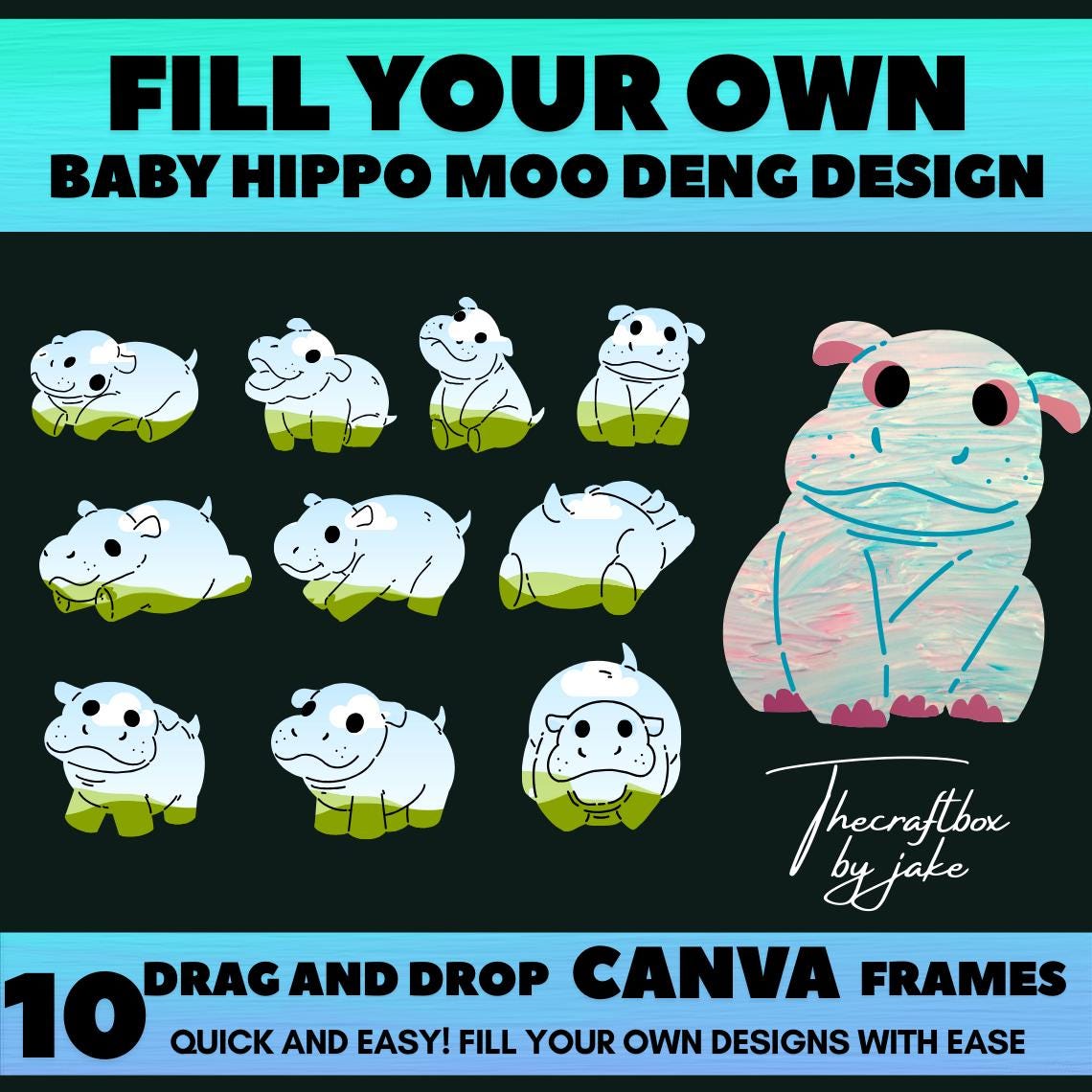 Baby Hippo Moo Deng Canva Frames Bundle, Create Your Own PNG, 10 Drag ...