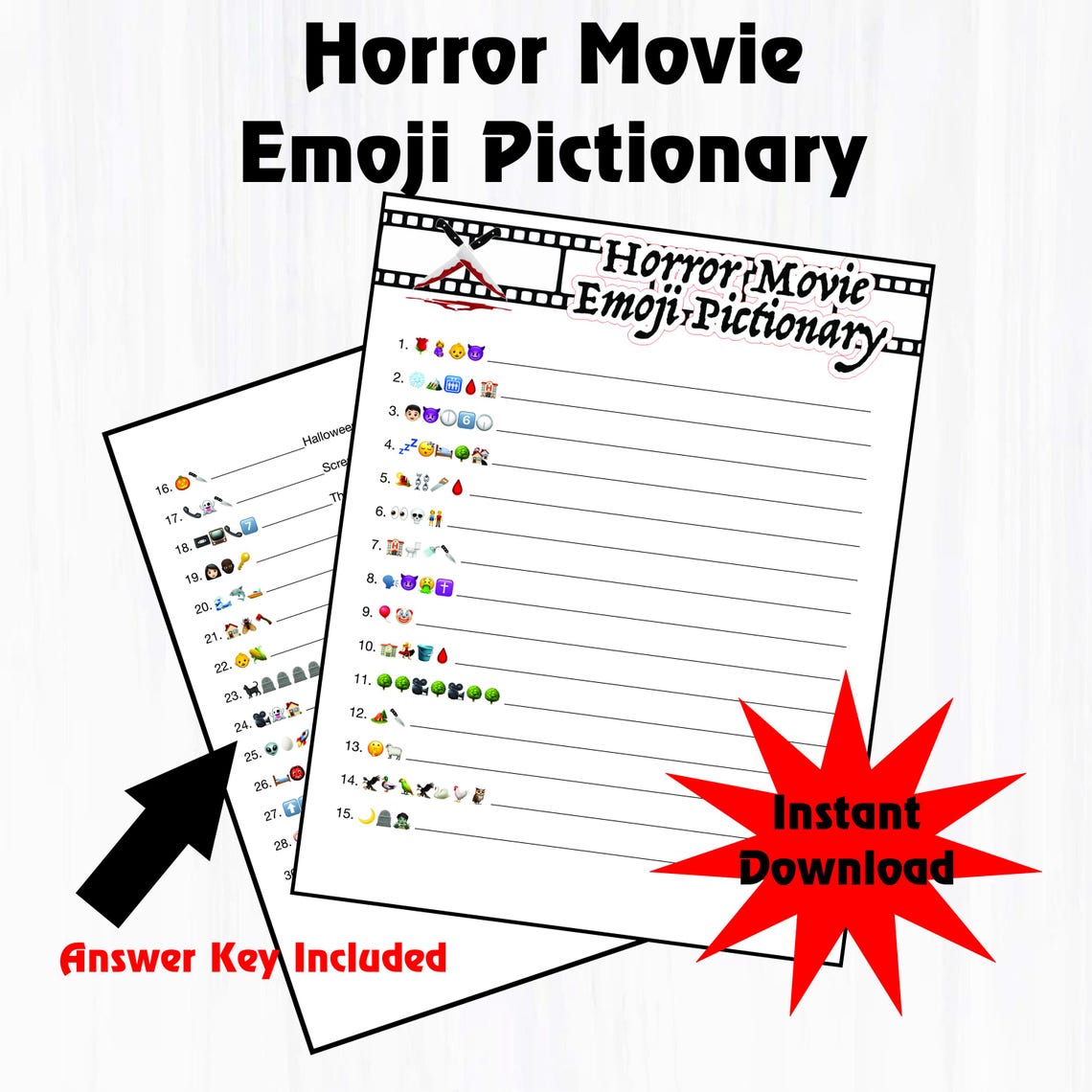 Horror Movie Emoji Pictionary, Halloween Printable Game, Scary Movie ...