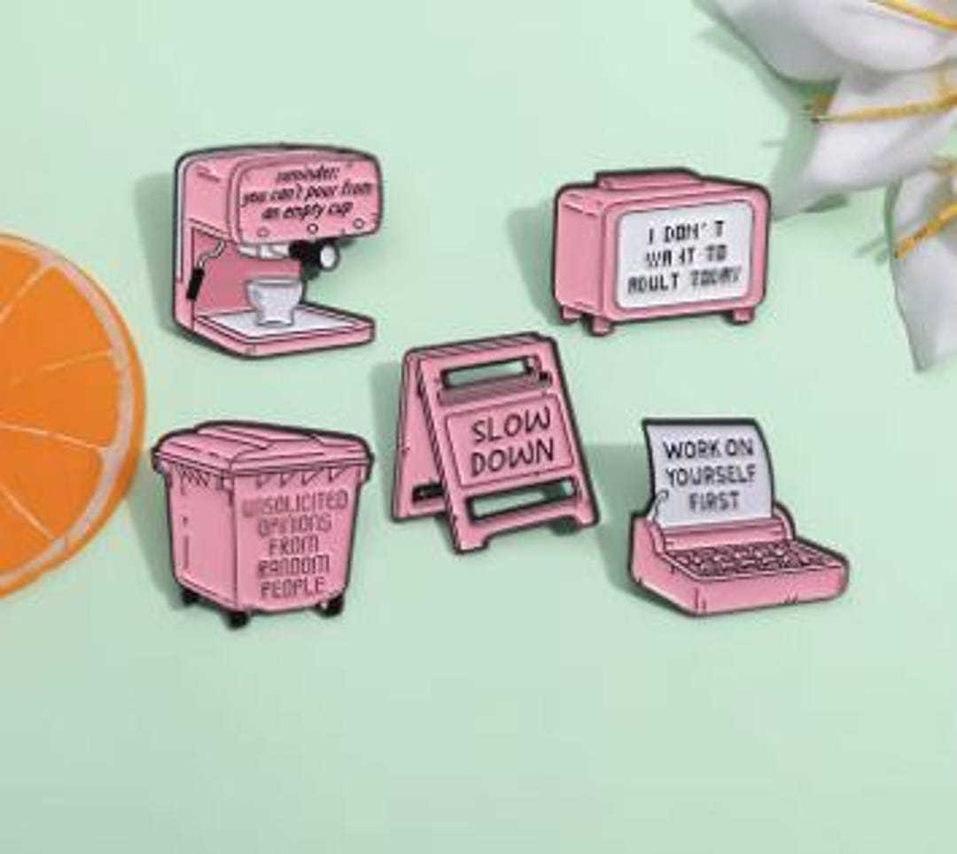 Set of 5 Cartoon Pink Coffee Machine Slow Down Warning Signs Enamel ...