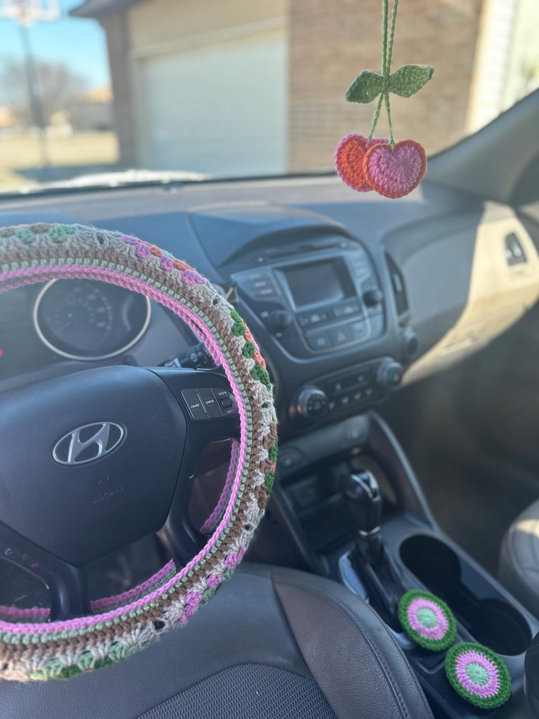 Crochet Car Accessory Set With Steering Wheel Cover Mirror Hanger and ...