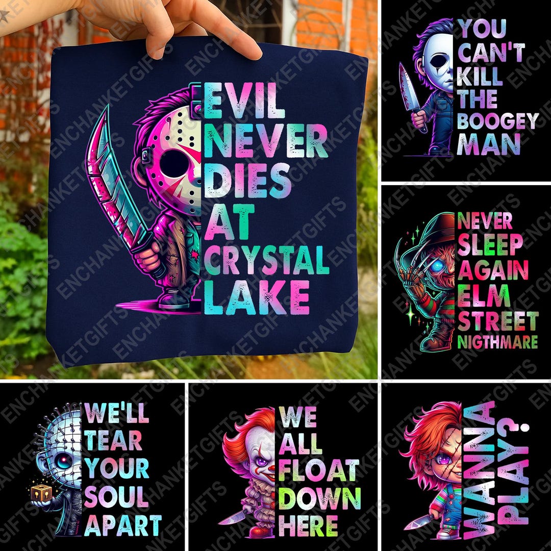 Chibi Halloween Horror Friends Png Bundle, Movie Killers Neon Png, Neon ...