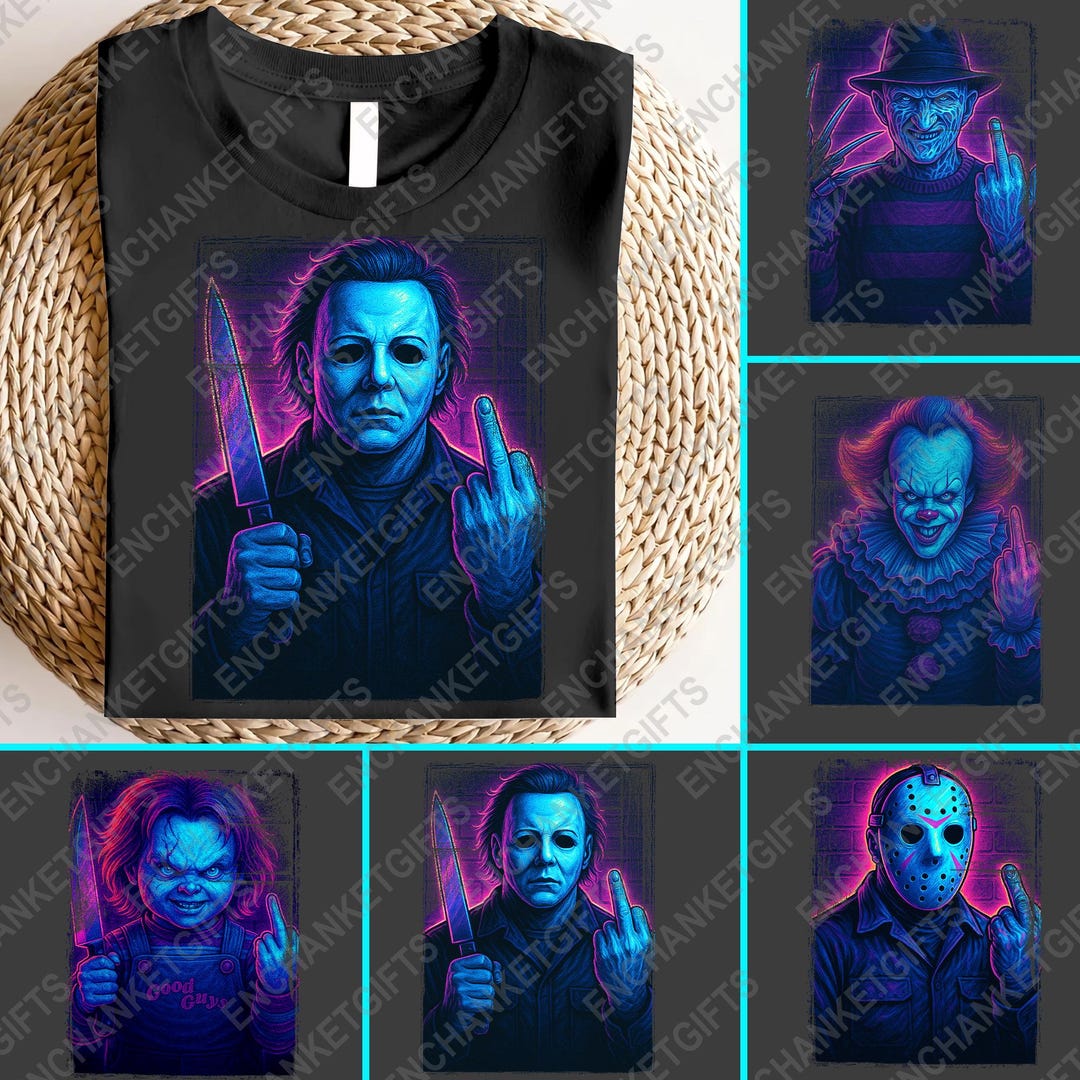 Neon Middle Finger Horror Characters Png Bundle, Halloween Horror ...