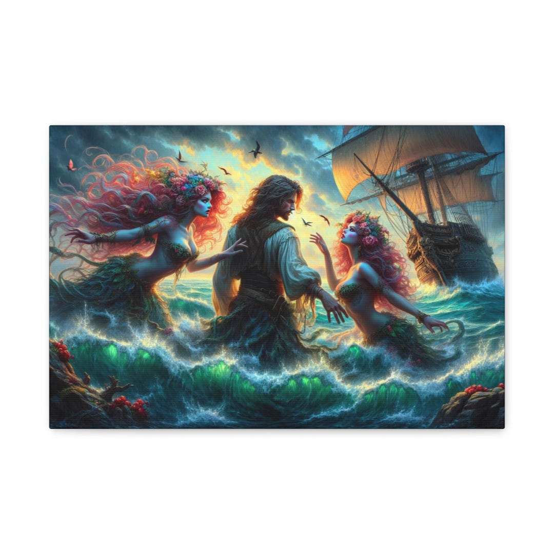 Sirens & Pirate Canvas Wall Art – Fantasy Oil Painting – Nautical ...