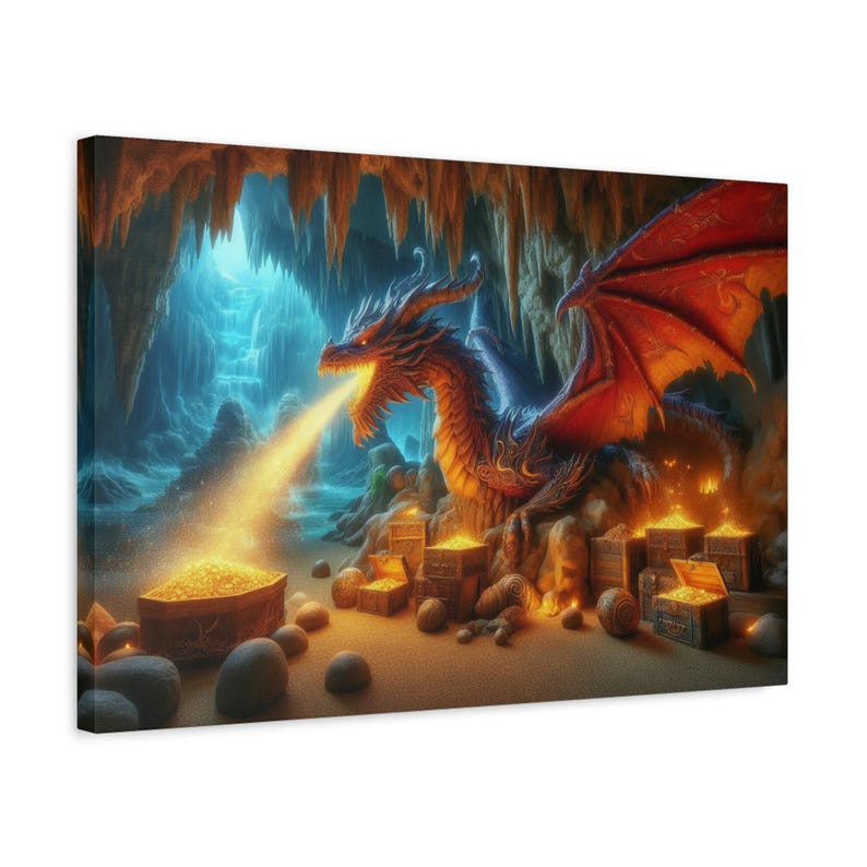 Fantasy Dragon Canvas – Watercolor Cave Treasure Wall Art – Mythical ...