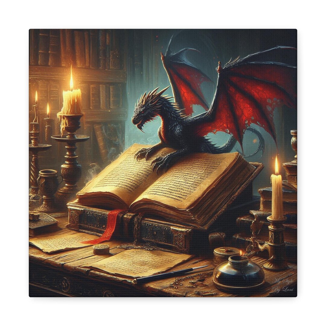 Library Dragon Canvas Wall Art – Fantasy Watercolor Book Lover Decor ...