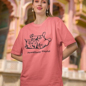Cute Cat T-shirt Playful Rolling Kitty Minimalist Line Art Graphic ...