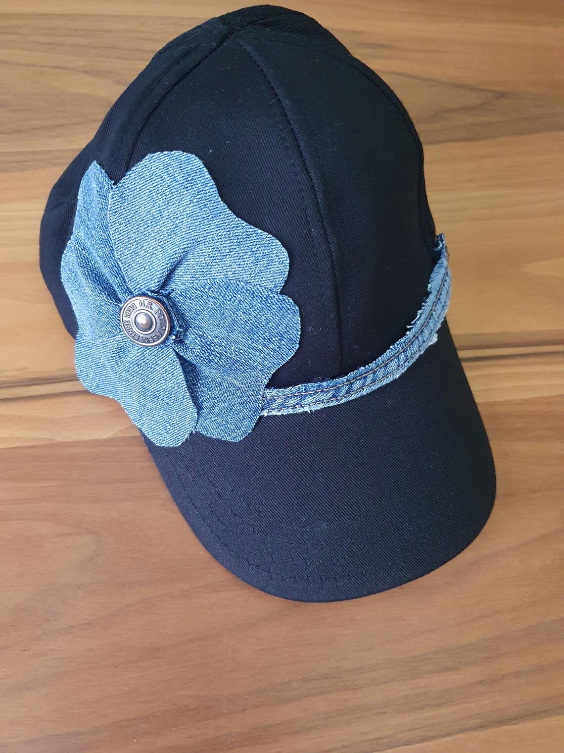 Handmade Black Cap With Upcycled Denim Flower | Eco-friendly Unique Hat ...