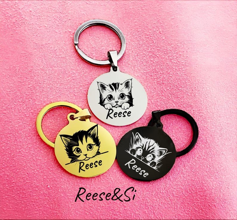 Custom Engraved Cat Tag, Peeking Kitten Tag, Silhouette Cat Tag, Cute ...