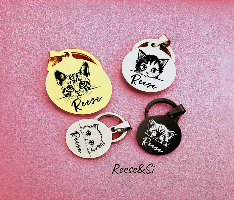 Custom Engraved Cat Tag, Peeking Kitten Tag, Silhouette Cat Tag, Cute ...