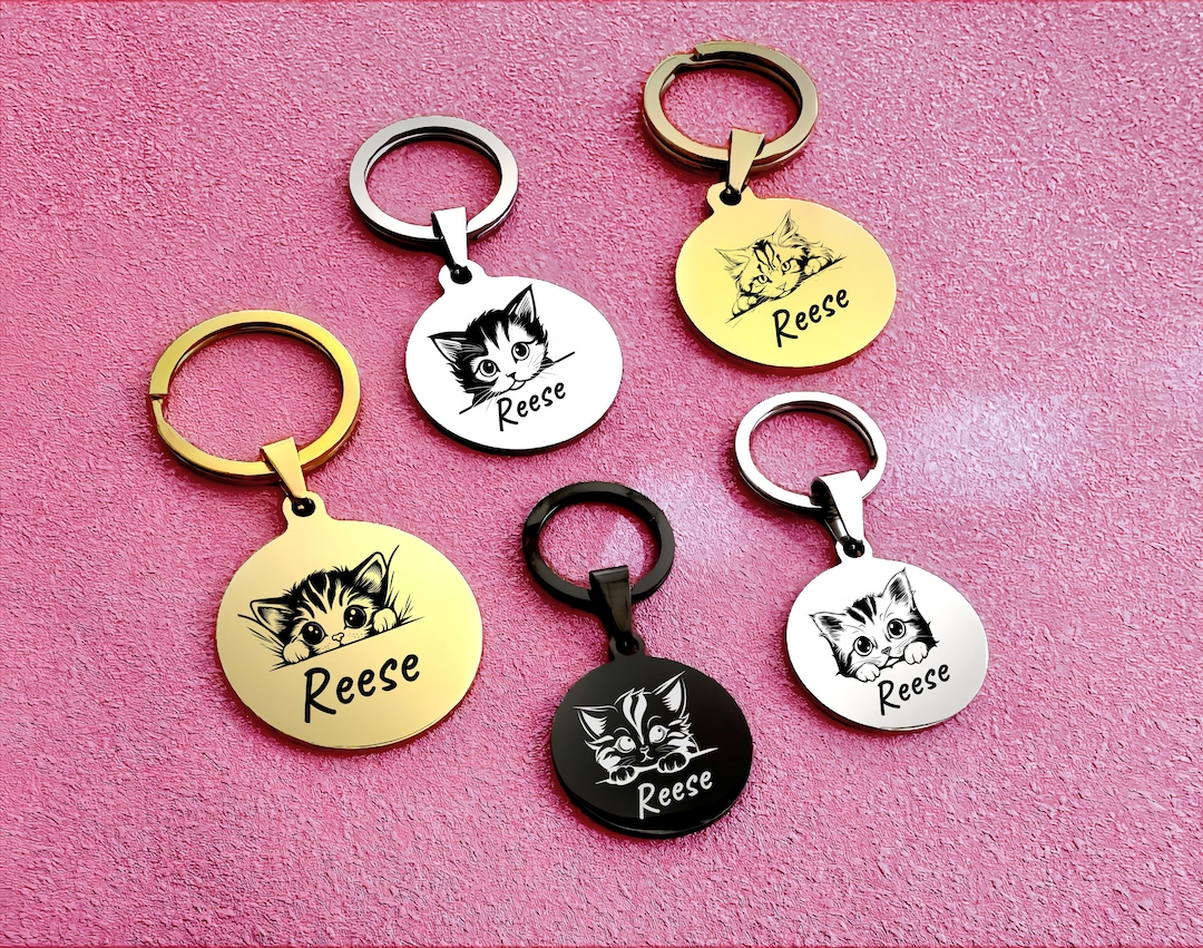 Custom Engraved Cat Tag, Peeking Kitten Tag, Silhouette Cat Tag, Cute ...