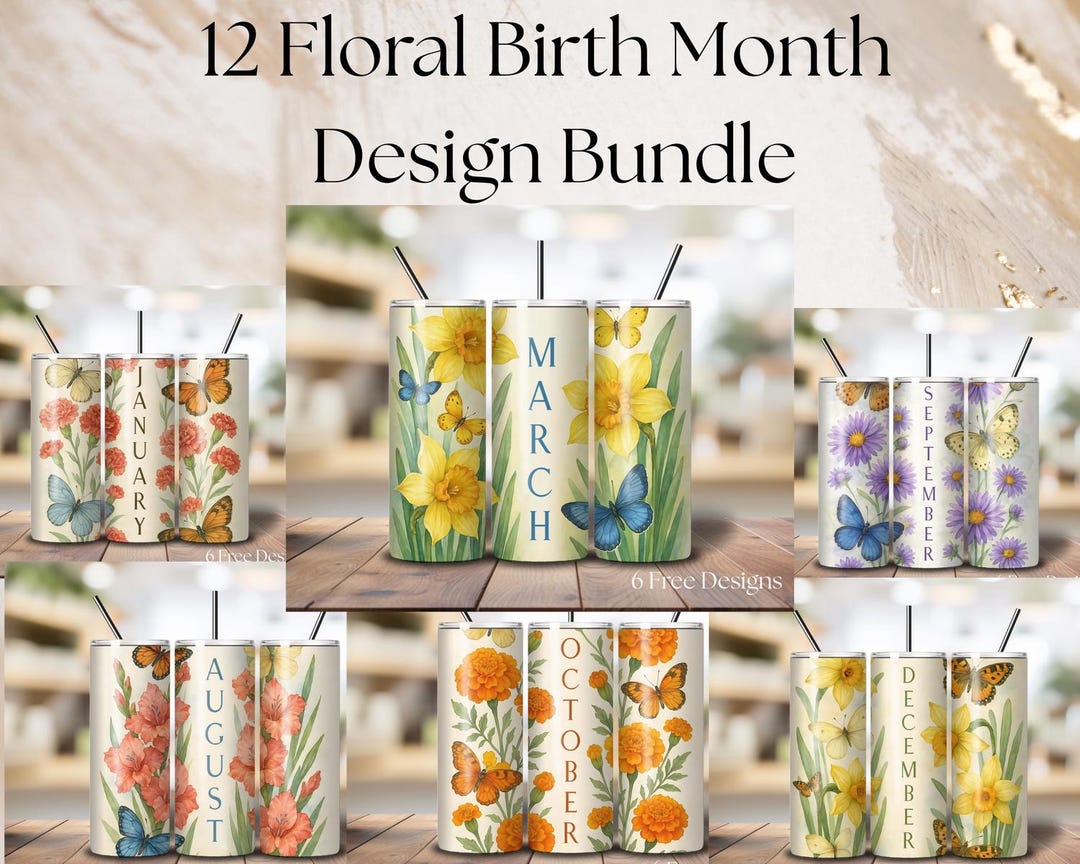 12 Floral Birth Month Tumbler PNG Bundle, Birth Month Tumbler, Flower ...