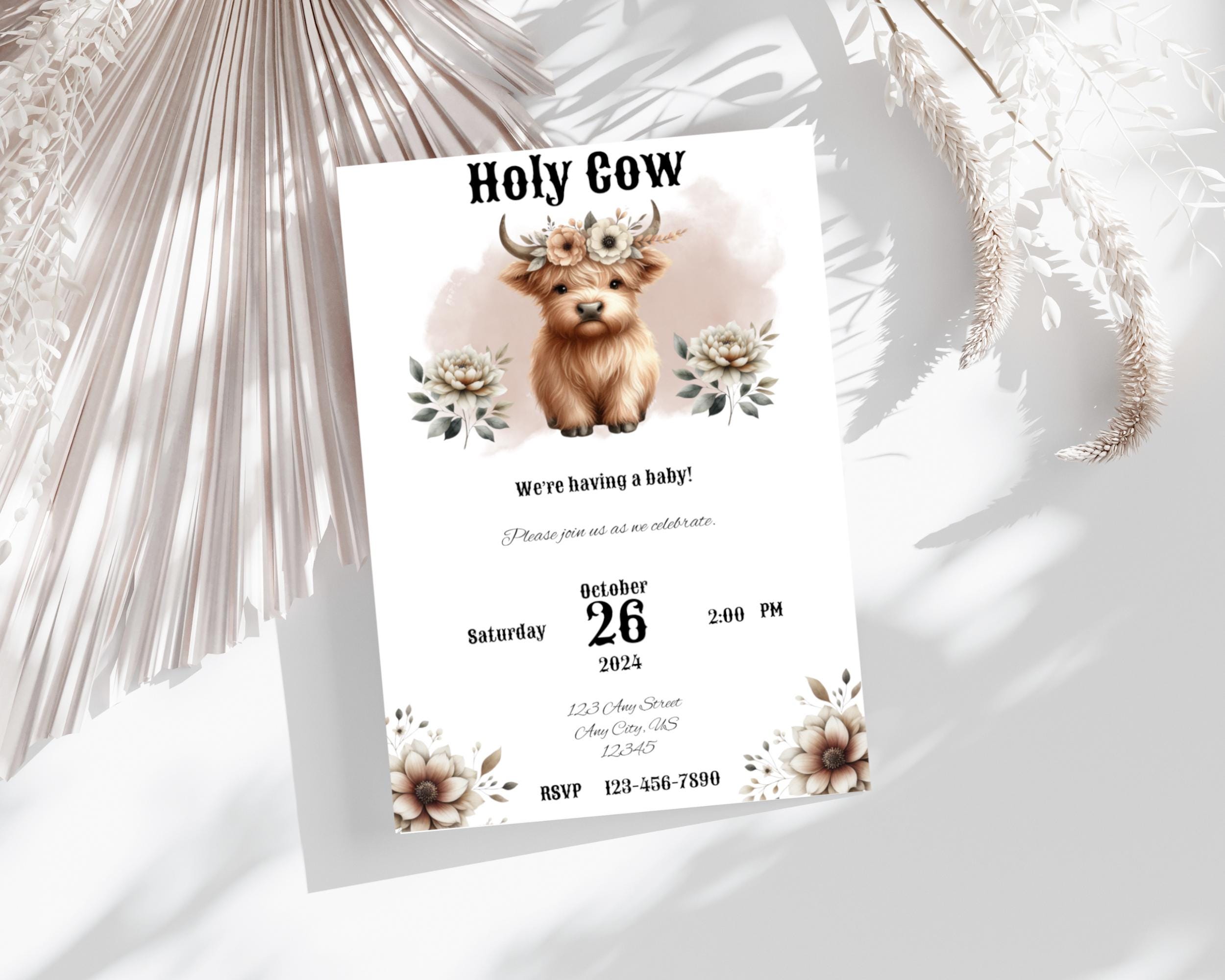 Editable Highland Cow Baby Shower Invitation Template, Highland Cow ...