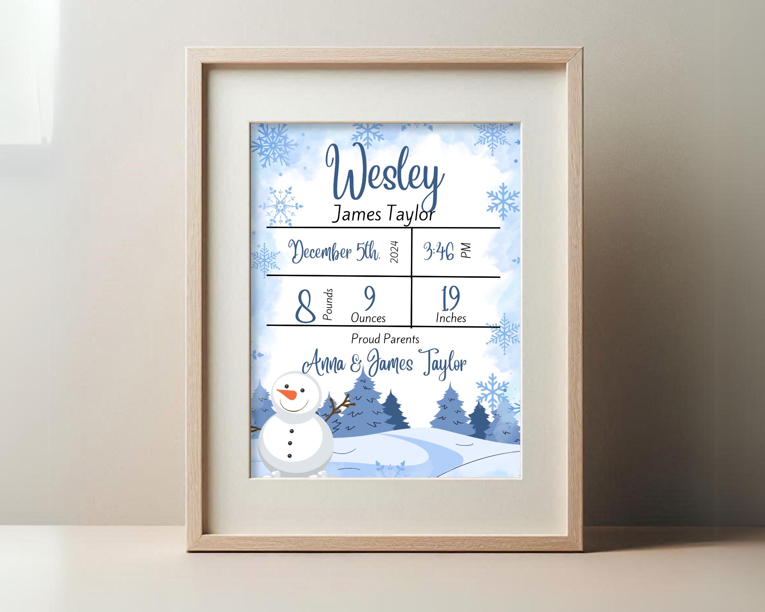 Editable Birth Stats Template, Snowman Birth Stats, Boy Newborn Birth ...