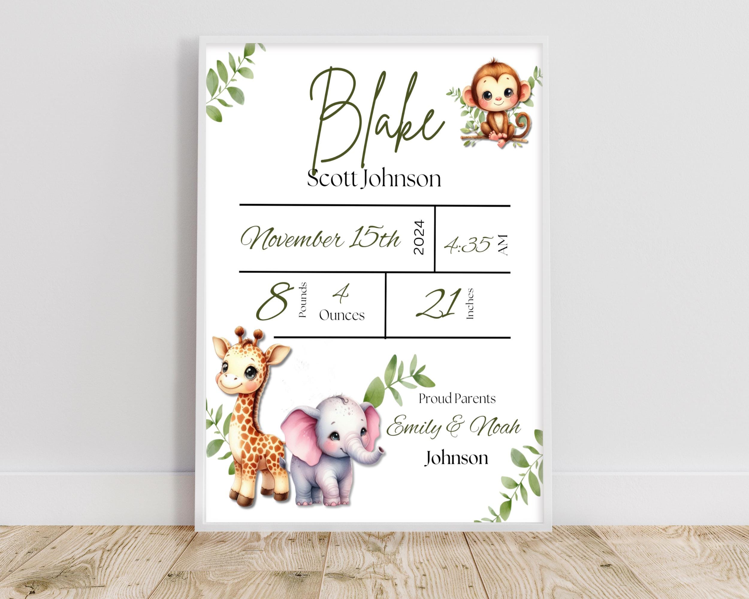 Editable Birth Stats Template, Safari Birth Stats, Jungle Newborn Birth ...