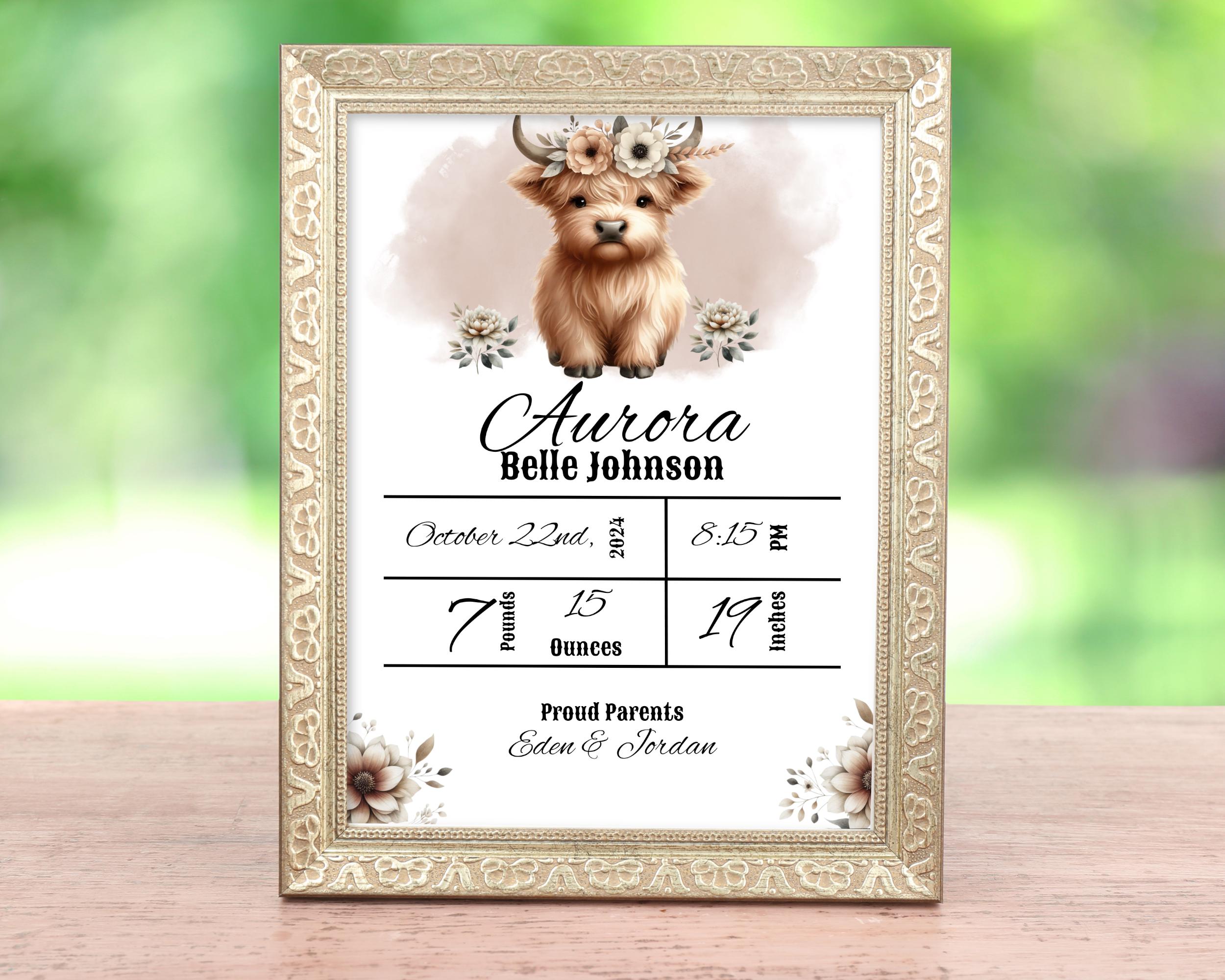 Editable Birth Stats Template, Highland Cow Birth Stats, Girls Newborn ...