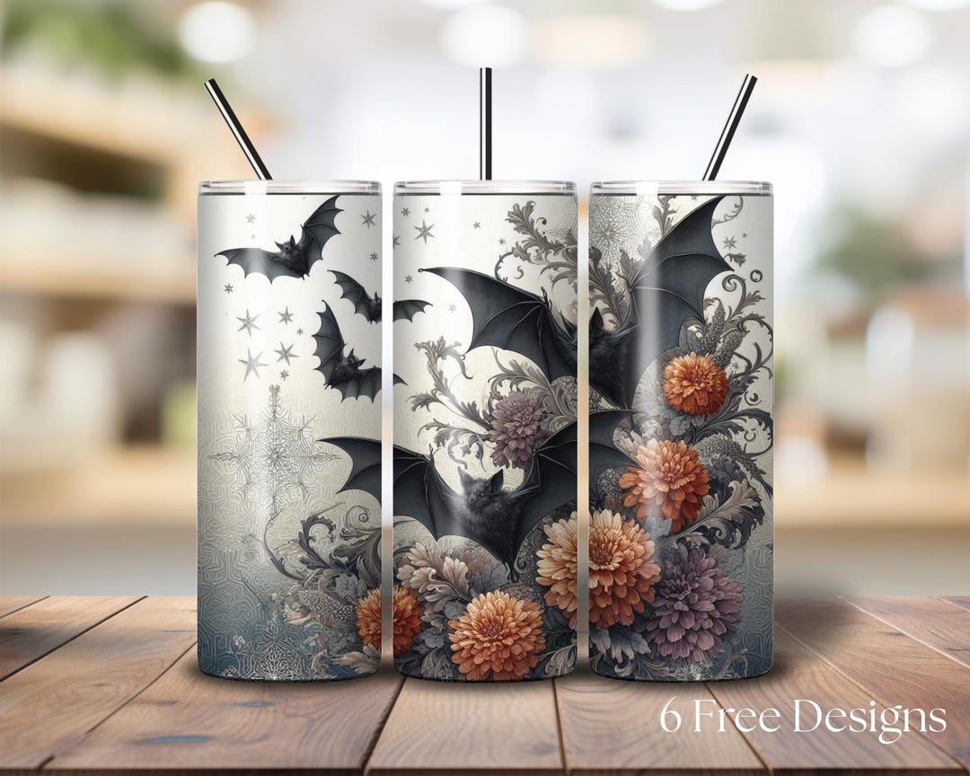 Victorian Gothic Bat Tumbler Wrap, Halloween Bats Sublimation Png ...
