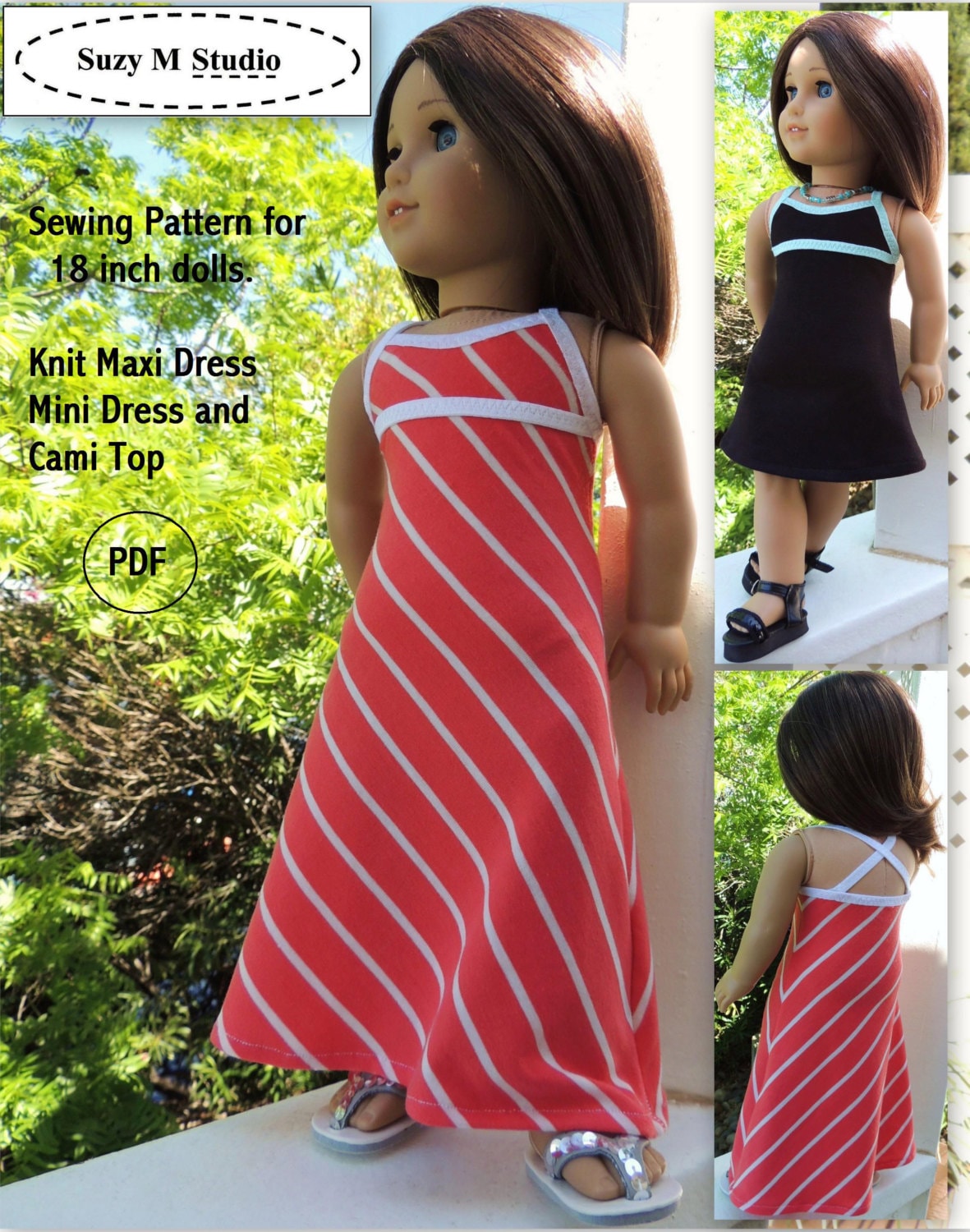 Knit Maxi Dress, Mini Dress and Cami Top - Doll Clothes Pattern for 18 ...