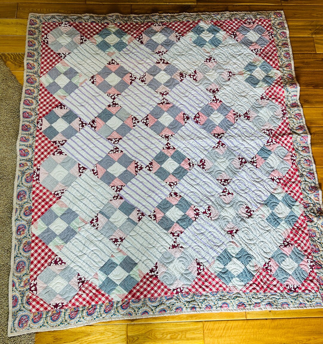 Hand Made Machine Pieced and Spiral Quilted 70" by 63" Quilt Excellent ...
